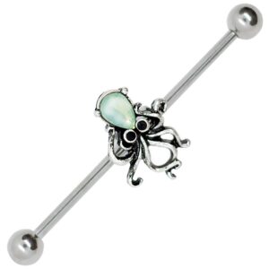 octopus industrial barbell bar ear piercing - 316l surgical grade stainless steel with aqua stone - barbell ear piercing octopus pendant for women and men unisex