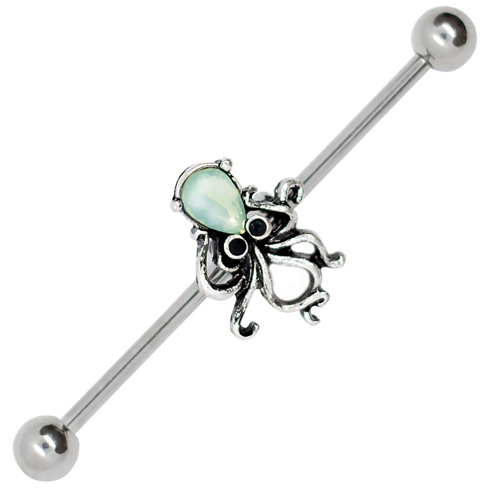 Octopus Industrial Barbell Bar Ear Piercing - 316L Surgical Grade Stainless Steel with Aqua Stone - Barbell Ear Piercing Octopus Pendant for Women and Men Unisex