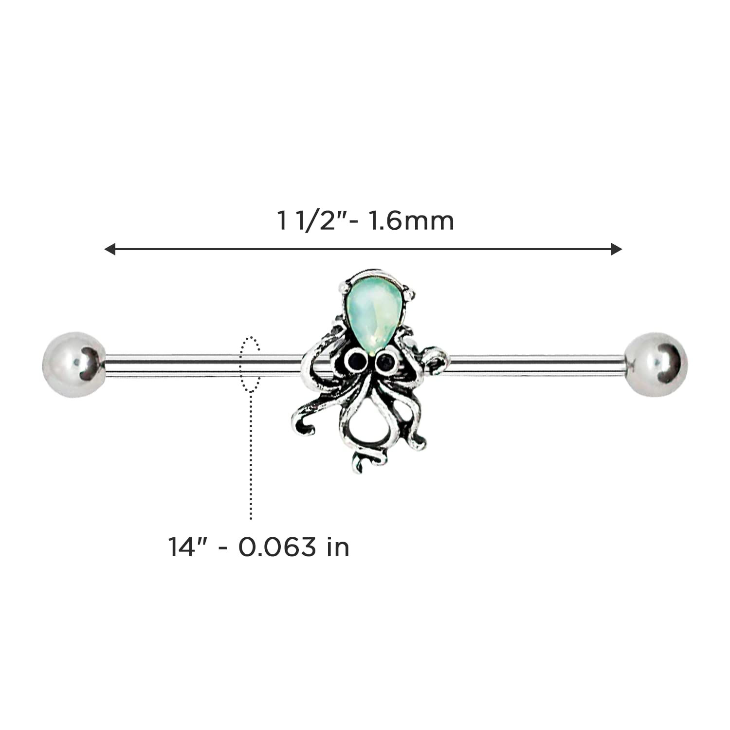 Octopus Industrial Barbell Bar Ear Piercing - 316L Surgical Grade Stainless Steel with Aqua Stone - Barbell Ear Piercing Octopus Pendant for Women and Men Unisex