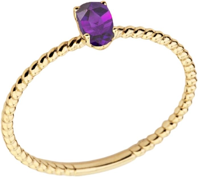 Dainty 10k Yellow Gold Stackable Oval-Shaped Amethyst Rope Engagement/Promise Ring (Size 7)