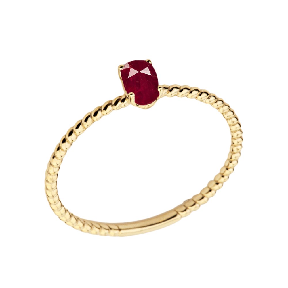 Dainty 14k Yellow Gold Stackable Oval-Shaped Ruby Rope Engagement/Promise Ring