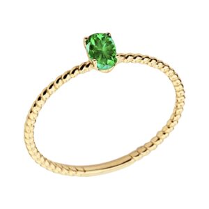 10K Yellow Gold Oval Emerald Twist Band Solitaire Stacking Ring, Sizes 4-12