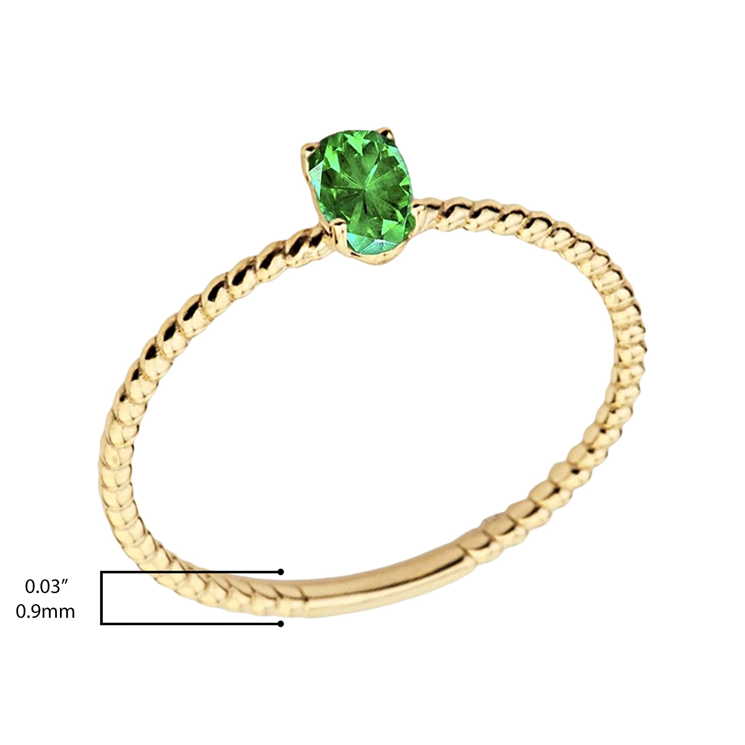 10K Yellow Gold Oval Emerald Twist Band Solitaire Stacking Ring, Sizes 4-12