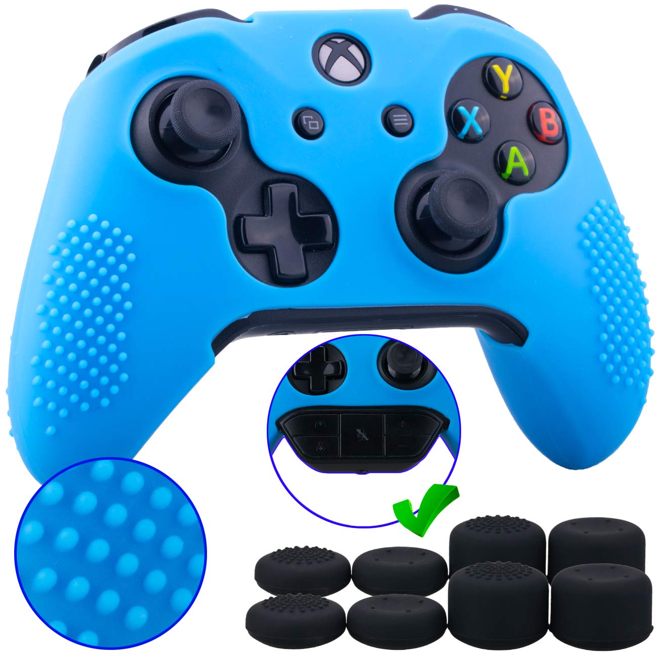 9CDeer 1 Piece of Studded Protective Silicone Cover Skin Sleeve Case + 8 Thumb Grips Analog Caps for Xbox One/S/X Controller Blue Compatible with Official Stereo Headset Adapter