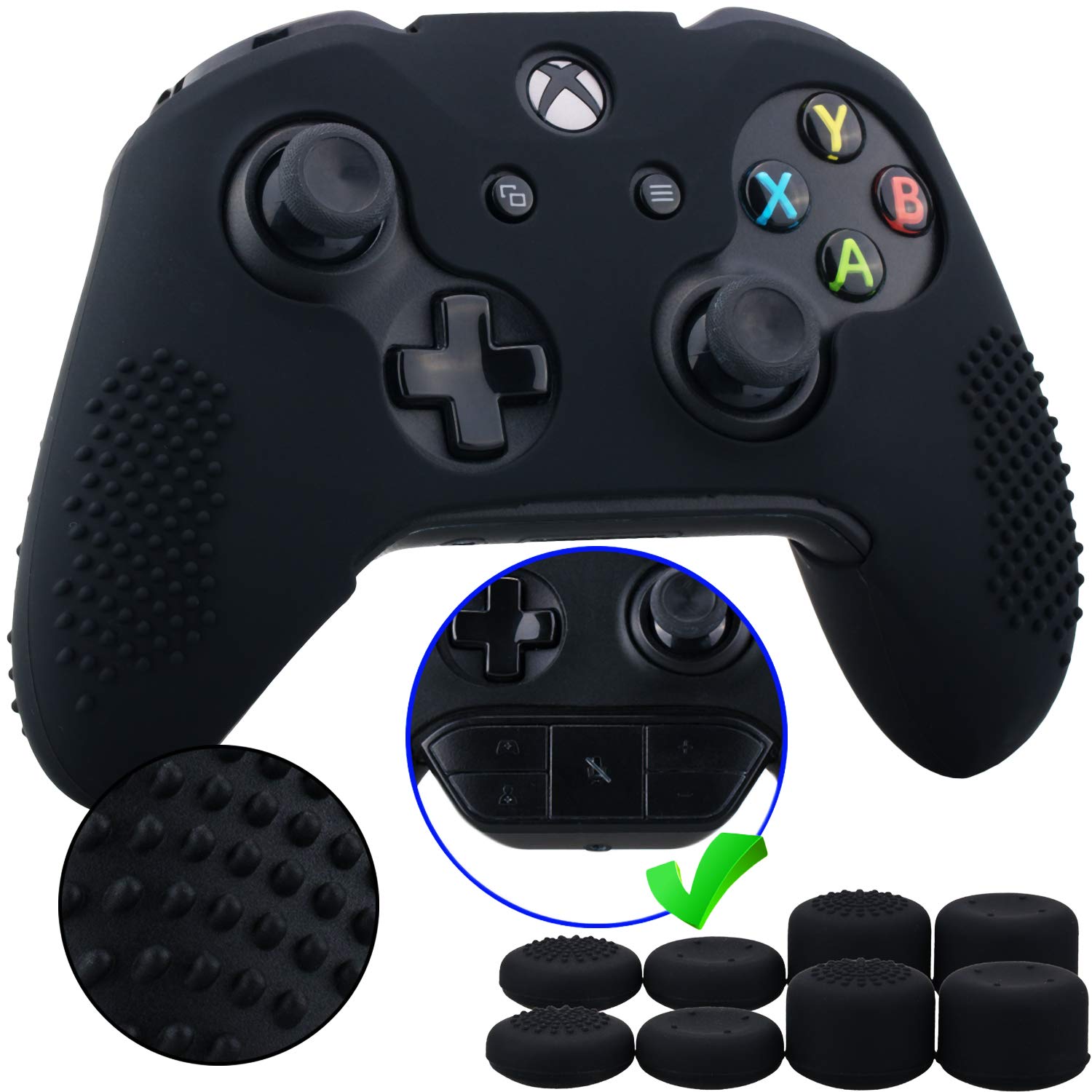 9CDeer 1 Piece of Studded Protective Silicone Cover Skin Sleeve Case + 8 Thumb Grips Analog Caps for Xbox One/S/X Controller Black Compatible with Official Stereo Headset Adapter