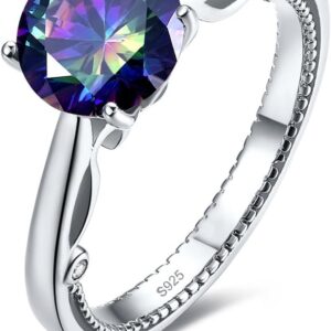 925 Sterling Silver Brilliant Classic Created Cubic Ziconia Rainbow Topaz CZ Ring Wedding Engagement Anniversary Statement Eternity Ring