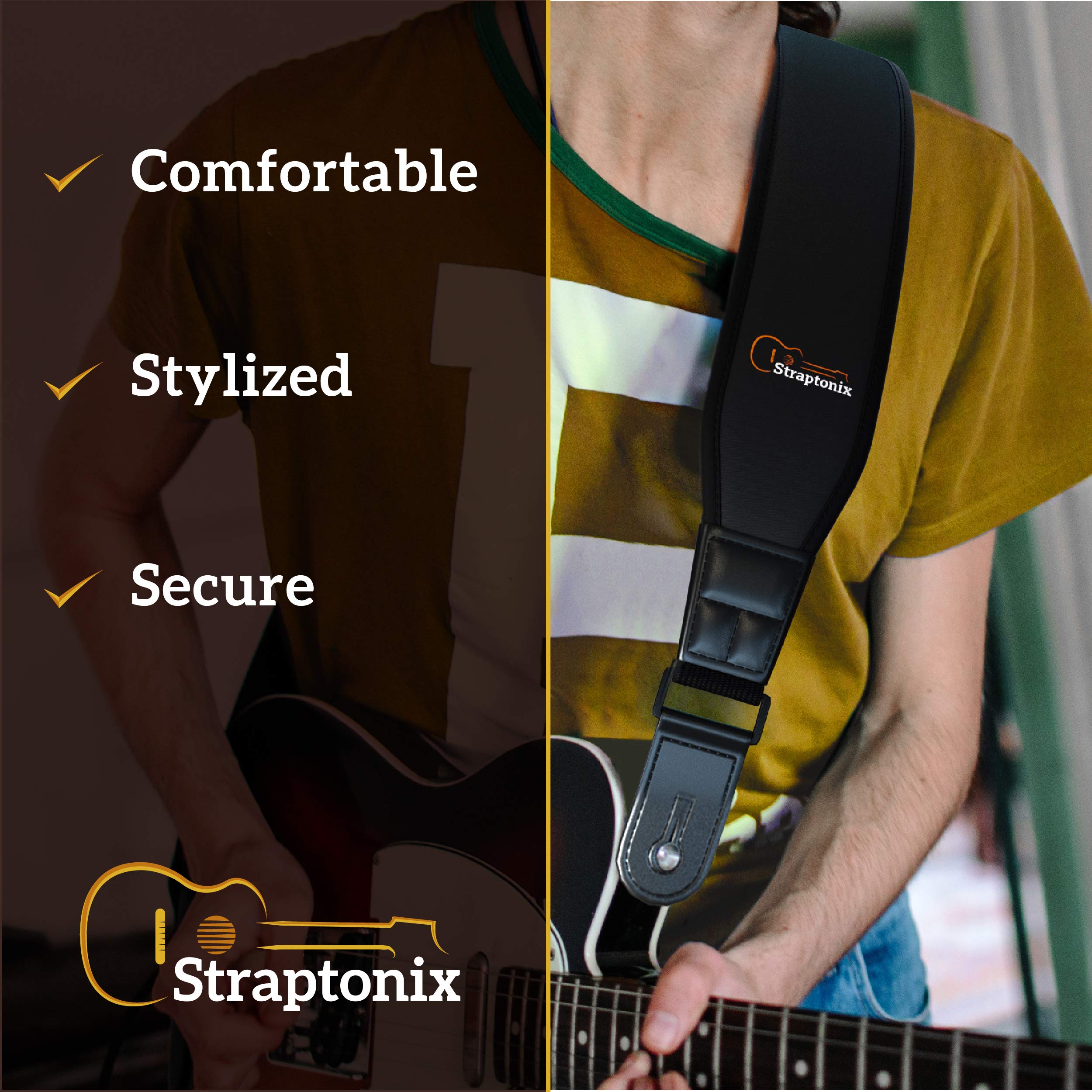 Guitar Strap Kit | Ultra Comfy Electric, Bass, Acoustic Guitar Strap - Soft & Durable Neoprene Guitar Strap w/ 2 Strap Retainers, Strap Button & 5 Guitar Pick Set - Adjustable Strap for Musicians