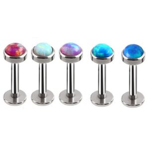 piercingpops 5pcs 16g fire opal labret piercing stainless steel tragus helix lip monroe body piercing stud (4mm opal / 8mm bar length)