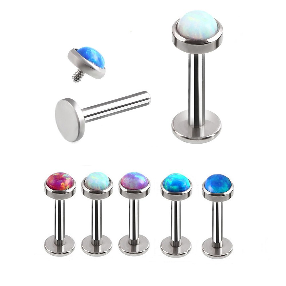 Piercingpops 5PCS 16G Fire Opal Labret Piercing Stainless Steel Tragus Helix Lip Monroe Body Piercing Stud (4mm Opal / 8mm Bar Length)