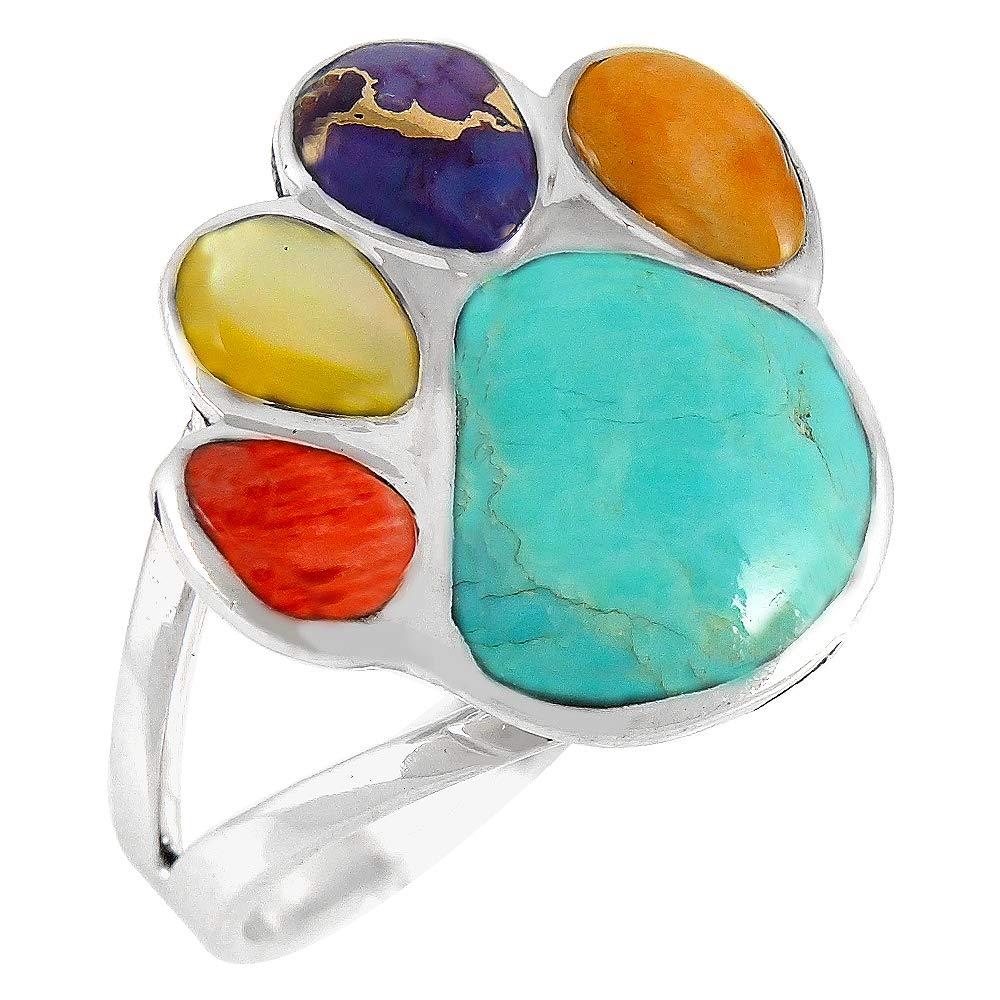 Dog Paw Sterling Silver 925 Genuine Spiny Turquoise Ring (Multi-Gemstones, 8)