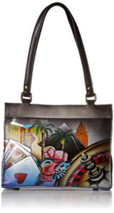 anna by anuschka women's genuine leather large zip-top satchel | hand painted original artwork | zip-top organizer | sin city