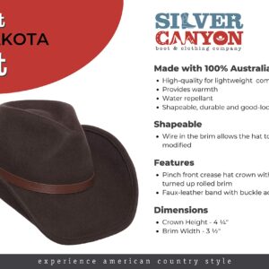 Men's Outback Wool Cowboy Hat Dakota Brown Shapeable Western Felt by Silver Canyon, Brown, Medium