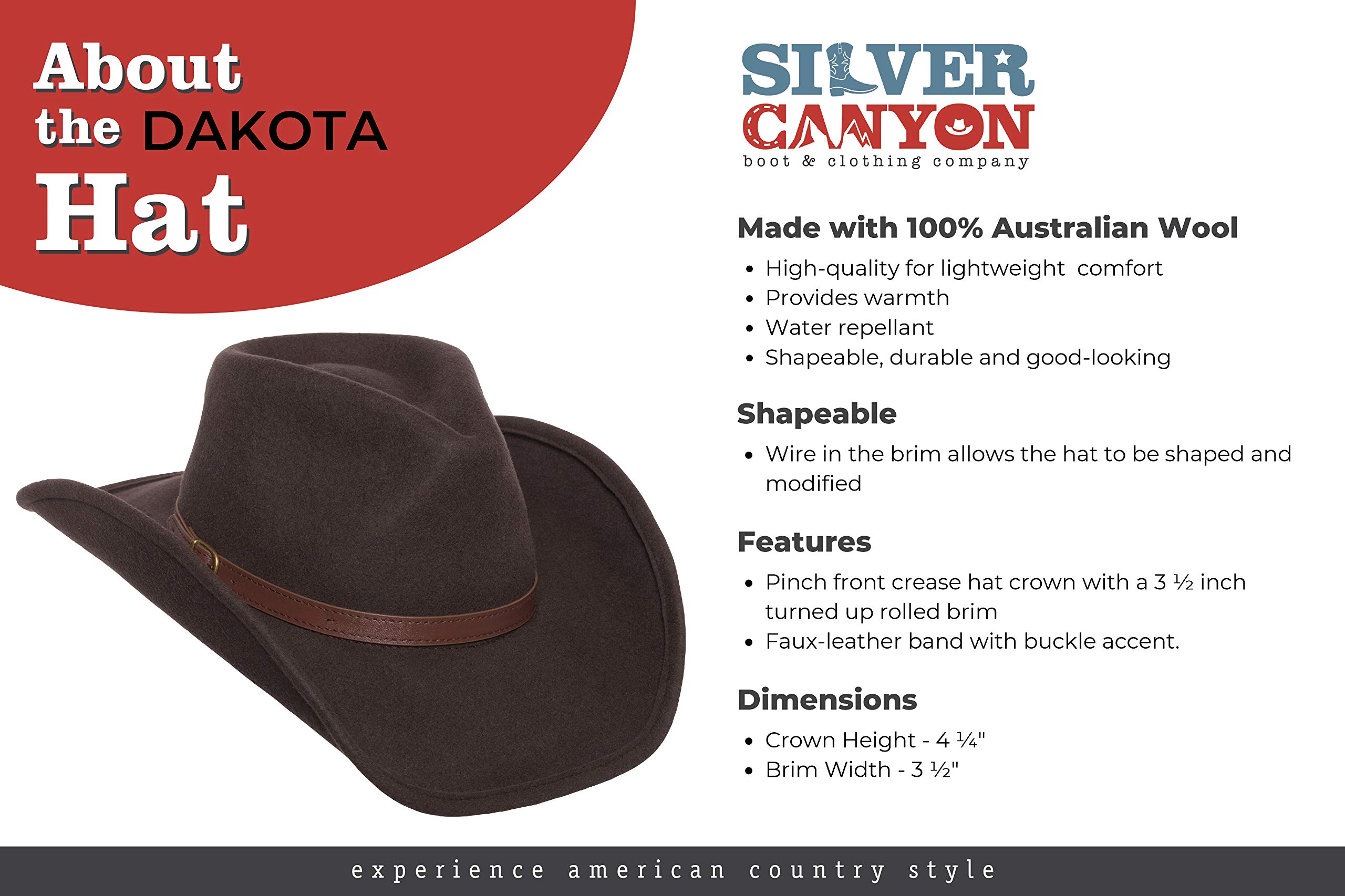 Men's Outback Wool Cowboy Hat Dakota Brown Shapeable Western Felt by Silver Canyon, Brown, Medium