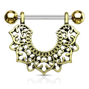 covet jewelry filigree flower dangle 316l surgical steel nipple rings (gold)