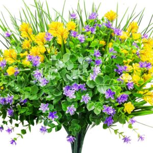 cewor 9pcs artificial flowers, uv resistant faux outdoor flowers, fake plastic flowers for cemetery decoration home kitchen bedroom wedding party decor (yellow, purple, green)