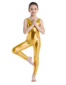 yizyif kids girls full length gymnastic unitard long sleeve ballet dance leotard child shiny tight dance gym jumpsuit gold 3-4