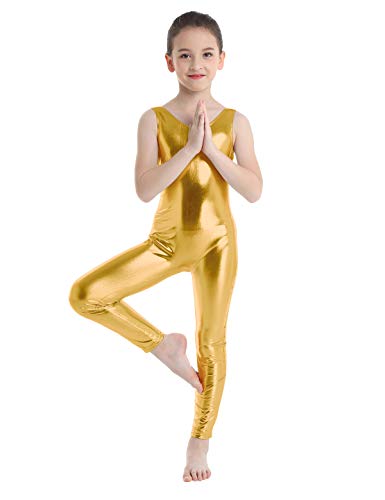 YiZYiF Kids Girls Full Length Gymnastic Unitard Long Sleeve Ballet Dance Leotard Child Shiny Tight Dance Gym Jumpsuit Gold 3-4