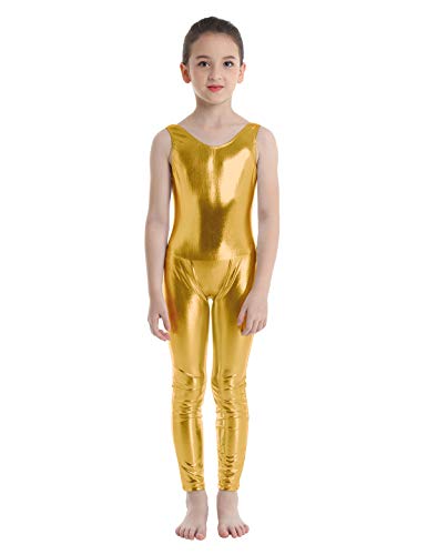 YiZYiF Kids Girls Full Length Gymnastic Unitard Long Sleeve Ballet Dance Leotard Child Shiny Tight Dance Gym Jumpsuit Gold 3-4