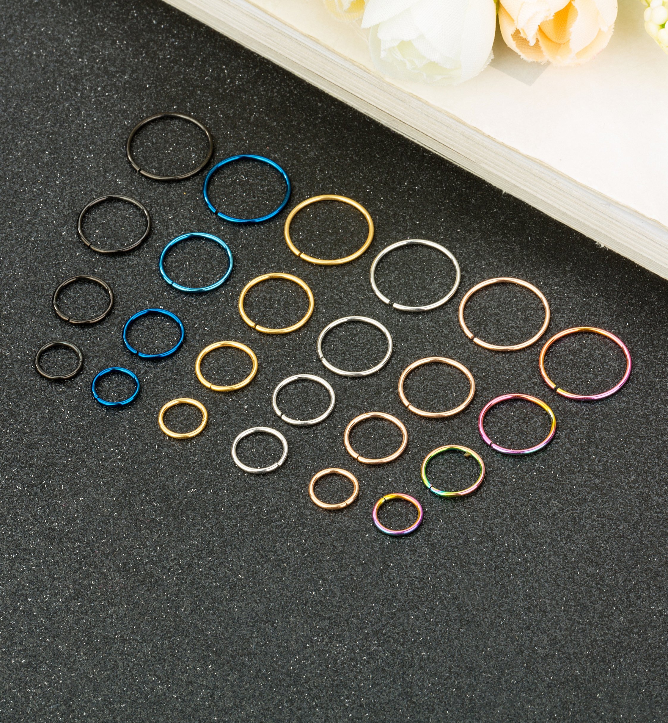 REVOLIA 24Pcs 22G 316L Stainless Steel Nose Rings Hoop Cartilage Ear Septum Piercings 6-12mm