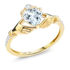 gem stone king 10k yellow gold irish celtic claddagh sky blue aquamarine and diamond accent ring for women (0.73 cttw, available in size 5, 6, 7, 8, 9)