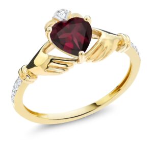 gem stone king 10k yellow gold irish celtic claddagh red rhodolite garnet and diamond accent engagement ring for women (0.78 cttw, available in size 5, 6, 7, 8, 9)