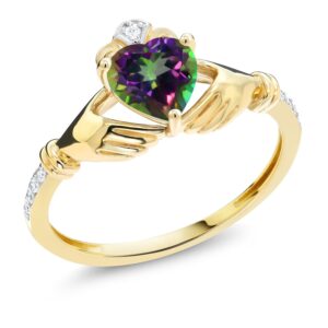 gem stone king 10k yellow gold irish celtic claddagh green mystic topaz and diamond accent women heart shape ring (1.01 cttw, gemstone birthstone, available in size 5, 6, 7, 8, 9)