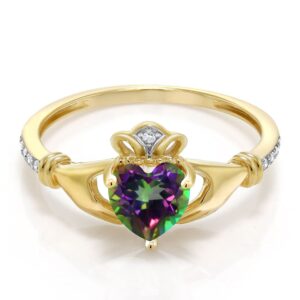 Gem Stone King 10K Yellow Gold Irish Celtic Claddagh Green Mystic Topaz and Diamond Accent Women Heart Shape Ring (1.01 Cttw, Gemstone Birthstone, Available In Size 5, 6, 7, 8, 9)