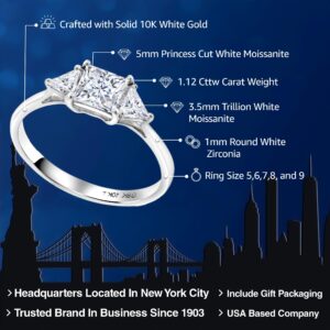 Gem Stone King 10K White Gold White Moissanite Engagement Ring | 1.12 Cttw | Princess Center 5MM | Trillion 3.5MM | 3 Stone Wedding Anniversary Promise Ring For Women (Size 8)