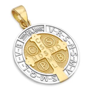 14k real two tone gold saint benito medal charm pendant (size : 20 x 13 mm)