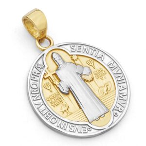 14k REAL Two Tone Gold Saint Benito Medal Charm Pendant (Size : 20 x 13 mm)