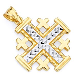 14k real two tone gold jerusalem cross religious charm pendant (size : 25 x 18 mm)