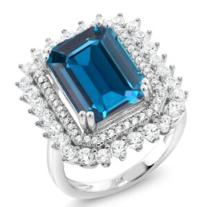 gem stone king 925 sterling silver london blue topaz ring for women (10.10 cttw, emerald cut 14x10mm, gemstone birthstone, available in size 5, 6, 7, 8, 9)