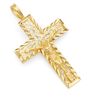 14k real yellow gold crucifix jesus cross religious charm pendant (size : 27 x 15 mm)