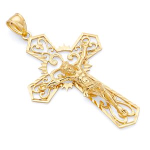 14k real yellow gold crucifix jesus cross religious charm pendant (size : 56 x 33 mm)