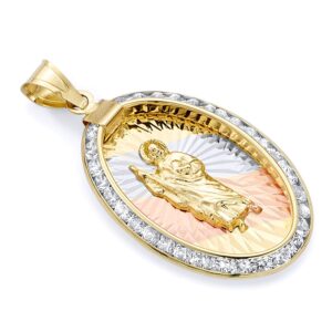 14k real tri color gold cz san judas medal charm pendant (size : 25 x 14 mm)