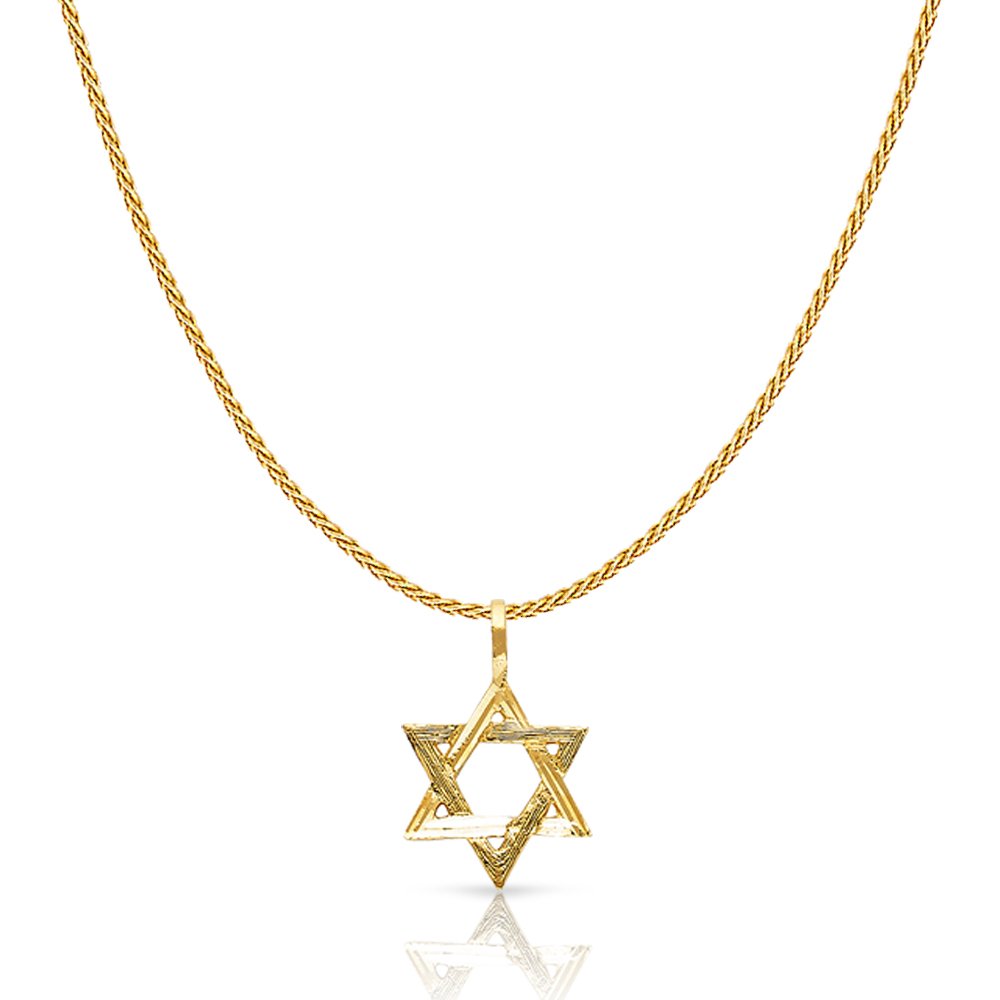 Ioka 14K Yellow Gold Star of David Charm Pendant with 0.9mm Wheat Chain Necklace - 16"