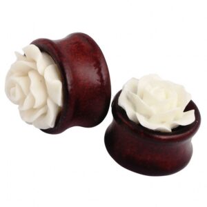 ipink- natural bamboo wood hollow ear plug white rose flower ear tunnels (pair of 00 gauge(10mm))