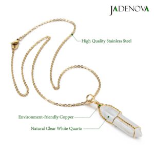 JADENOVA Full Wire Wrapped Energy Healing Crystal Gemstone Pendant Necklace 18 Inches Stainless Steel Chain（Natural Clear White Quartz）