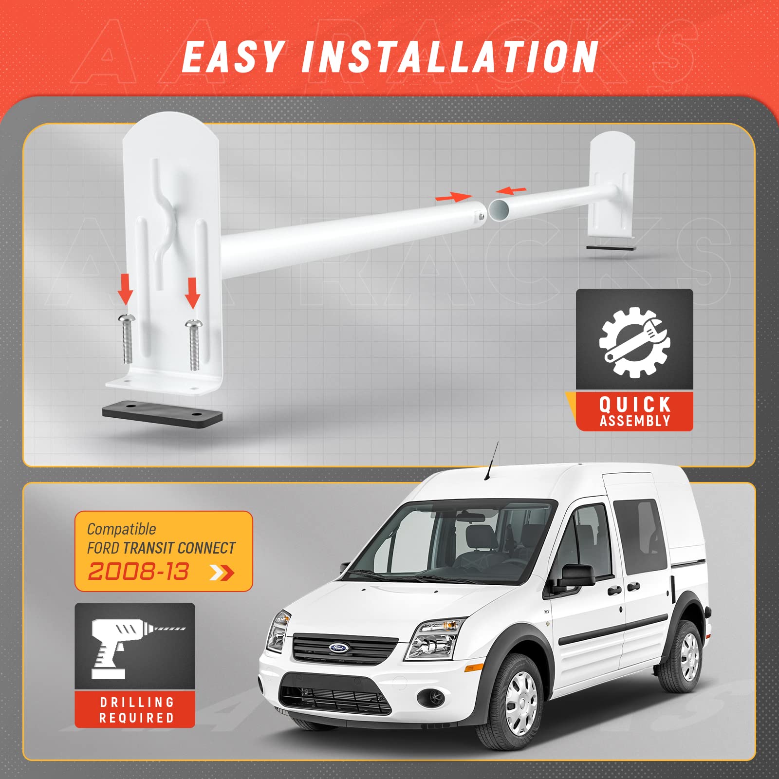 AA-Racks Model DX36 Compatible Ford Transit Connect 2008-13 Steel 2 Bar Utility Drilling Van Roof Ladder Rack System - Matte White