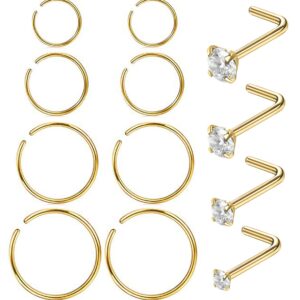 Masedy Nose Rings 12Pcs 20G 316L Stainless Steel L Shaped Nose Studs Cartilage Tragus Septum Piercing Gold