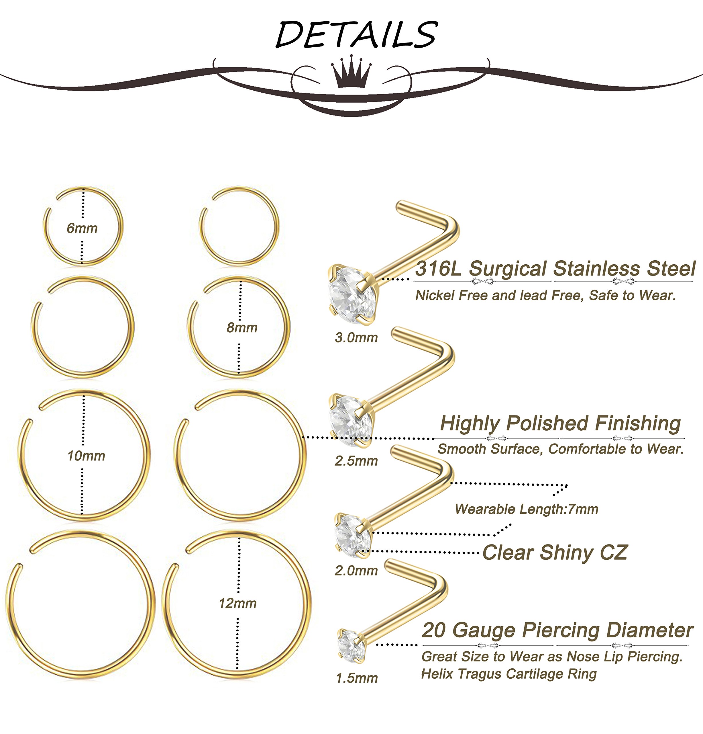 Masedy Nose Rings 12Pcs 20G 316L Stainless Steel L Shaped Nose Studs Cartilage Tragus Septum Piercing Gold