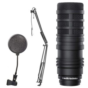 audio-technica bp40 large diaphragm dynamic broadcast microphone + on stage boom arm with xlr cable + cad audio pop filter