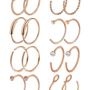 Masedy 16Pcs 20G 316L Stainless Steel Nose Rings Hoop Tragus Cartilage Helix Ring Lip Septum Piercing Rose Gold 8MM