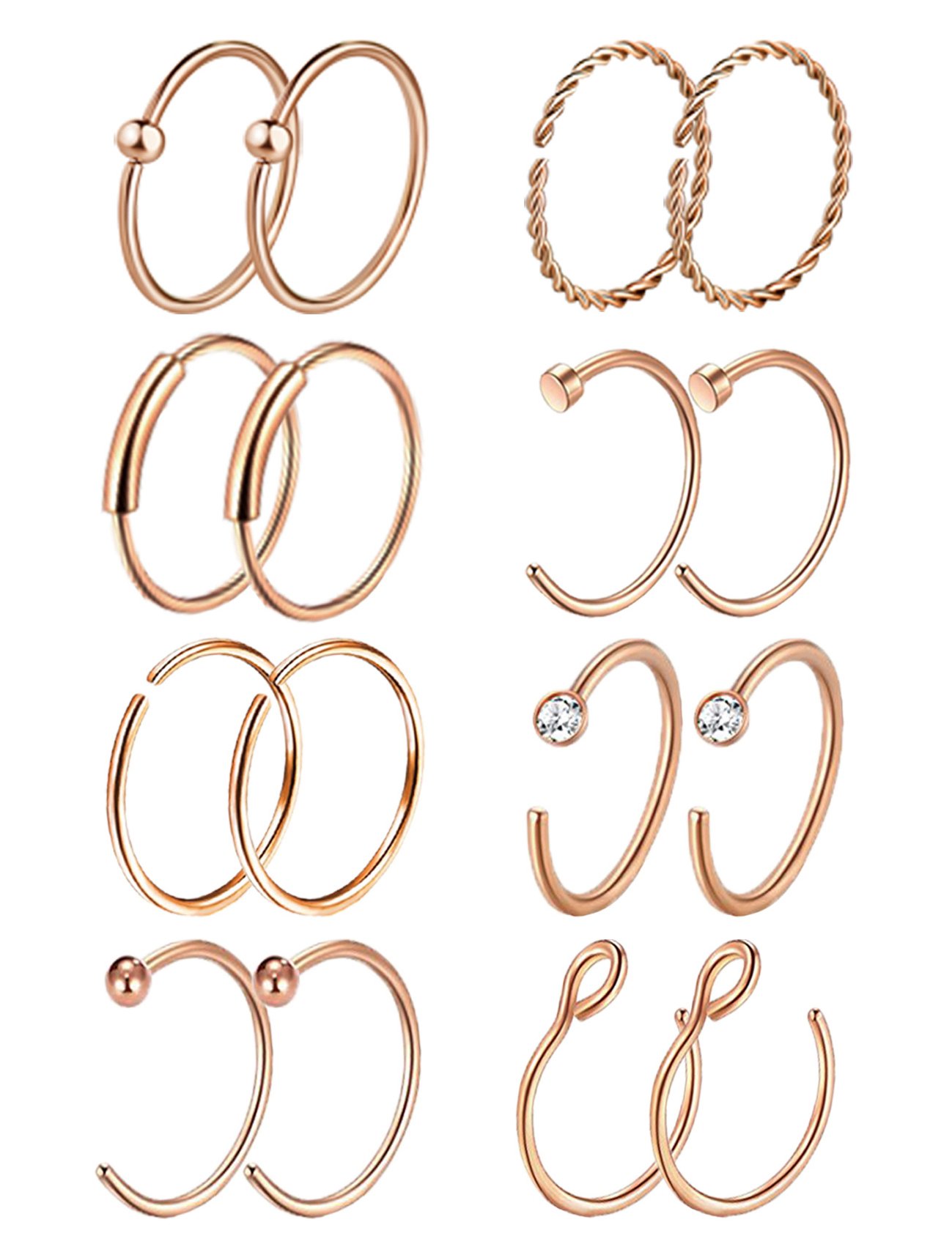 Masedy 16Pcs 20G 316L Stainless Steel Nose Rings Hoop Tragus Cartilage Helix Ring Lip Septum Piercing Rose Gold 8MM