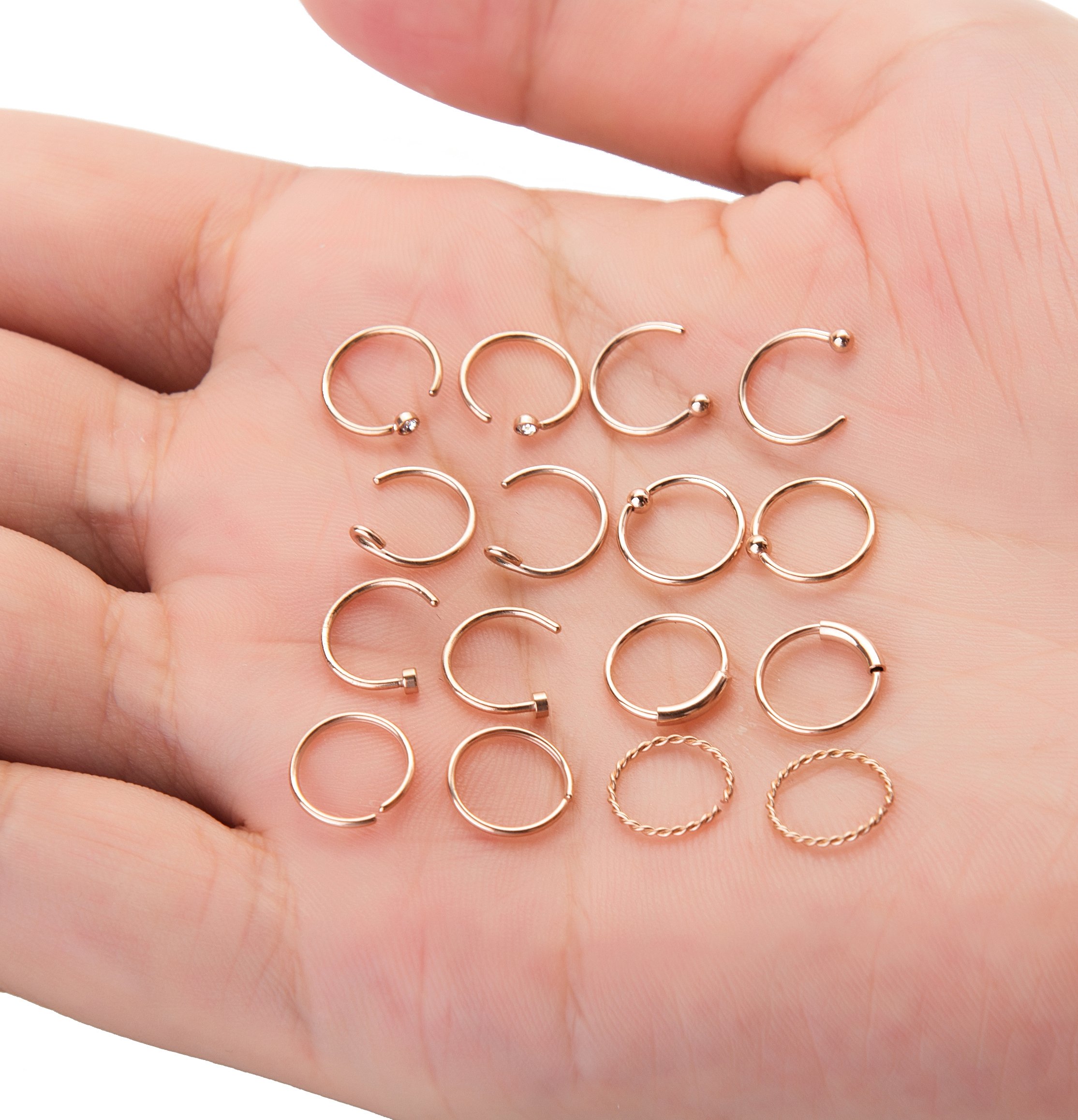 Masedy 16Pcs 20G 316L Stainless Steel Nose Rings Hoop Tragus Cartilage Helix Ring Lip Septum Piercing Rose Gold 8MM