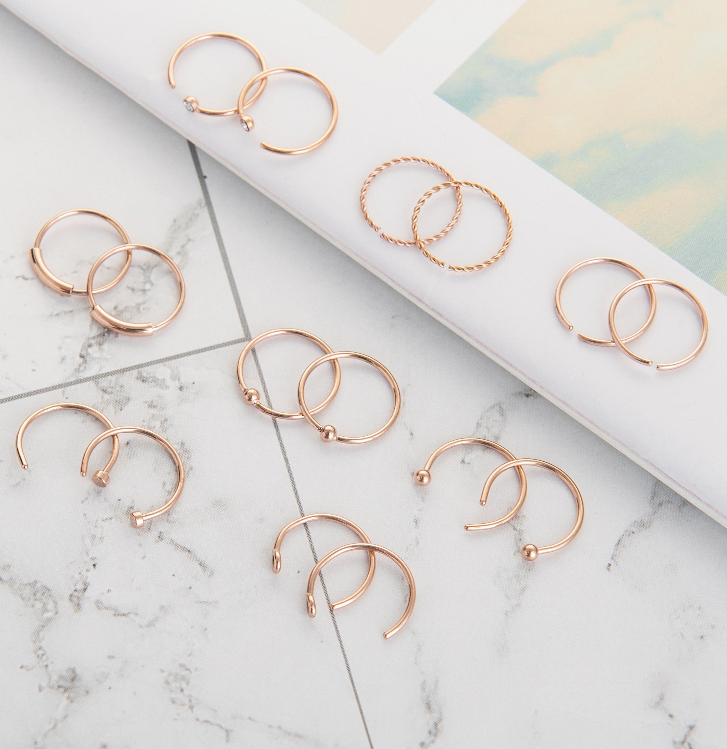 Masedy 16Pcs 20G 316L Stainless Steel Nose Rings Hoop Tragus Cartilage Helix Ring Lip Septum Piercing Rose Gold 8MM