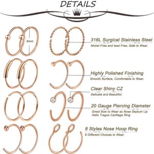 Masedy 16Pcs 20G 316L Stainless Steel Nose Rings Hoop Tragus Cartilage Helix Ring Lip Septum Piercing Rose Gold 8MM