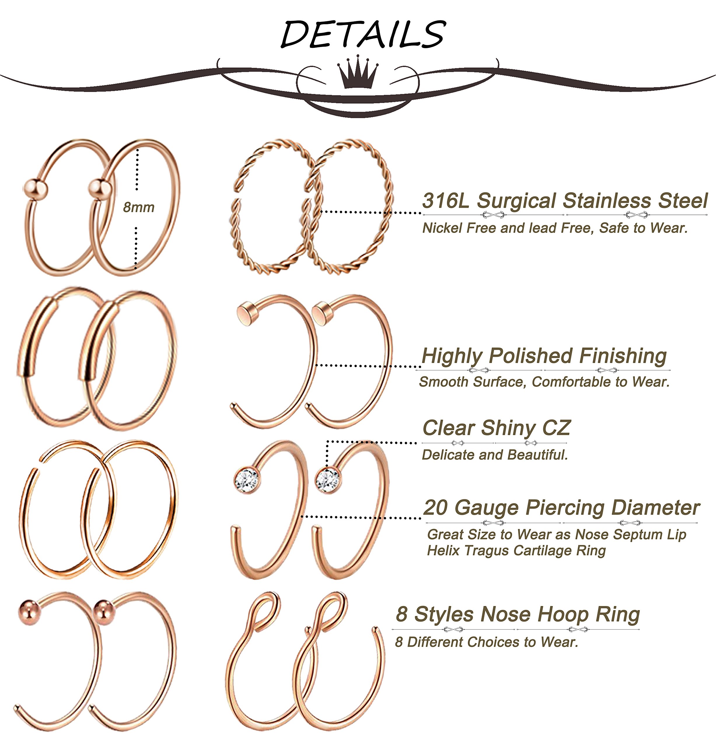 Masedy 16Pcs 20G 316L Stainless Steel Nose Rings Hoop Tragus Cartilage Helix Ring Lip Septum Piercing Rose Gold 8MM