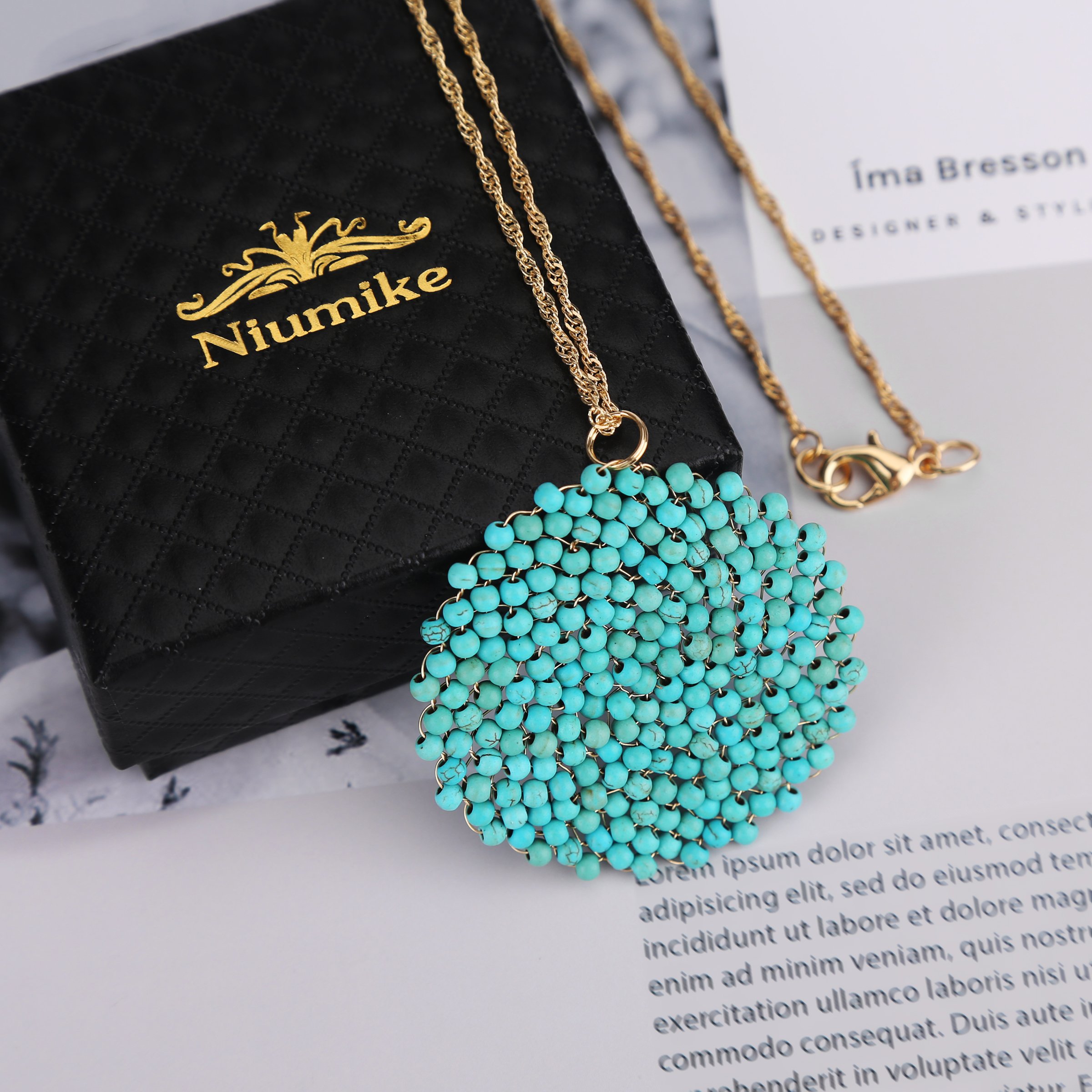 Niumike Long Pendant Necklace for Women Handmade Beaded Crystal Circle Disc Extra Chain Statement Necklaces with Box Valentines Mothers Christmas Day Gifts for Her (Created Turquoise)