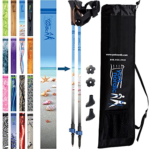 Nordic Walking Poles - True Classic Nordic Glove Grips, Lightweight, Adjustable, and Collapsible -2 Pieces w/flip Locks, Detachable Feet and Travel Bag by York Nordic - Heights 5'4"-6'2"